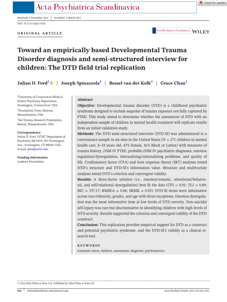 Acta Psychiatr Scand - 2022 - Ford - Toward An Empirically Based Developmental Trauma Disorder ...