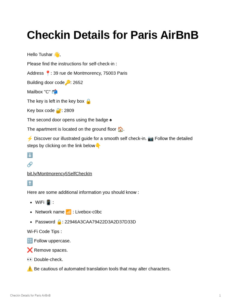Checkin Details For Paris AirBnB | PDF