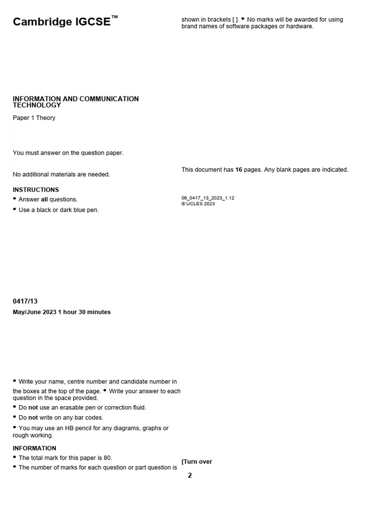 IGCSE - ICT - Paper 1 Theory - Paper 13 | PDF | Input/Output | Computer Hardware