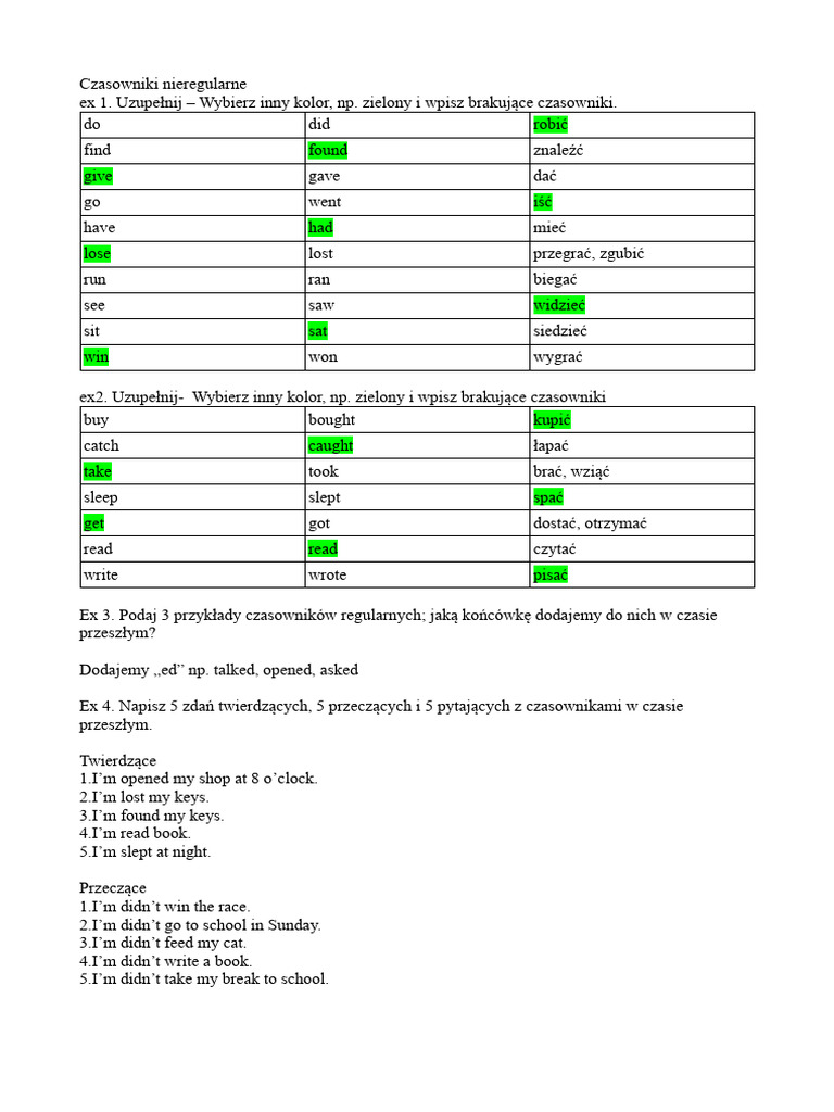 Kartkówka, Past Simple (1) Klasa 5 | PDF Kartkówka, Past Simple (1) Klasa 5 | PDF