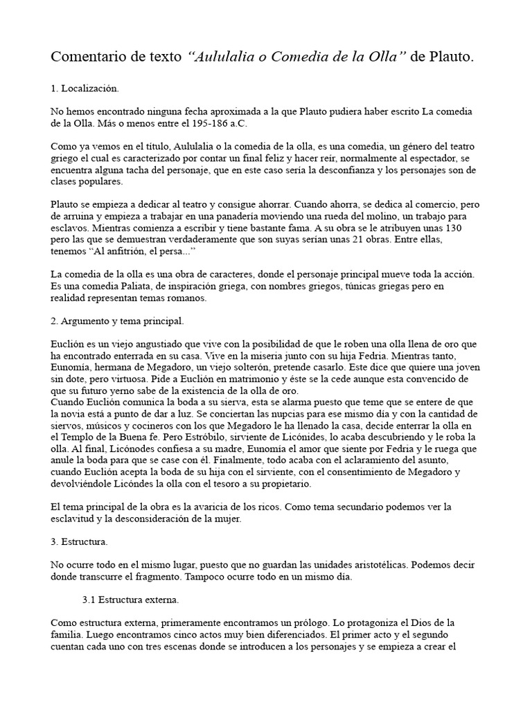 Comentario de Texto Comedia de La Olla. | PDF