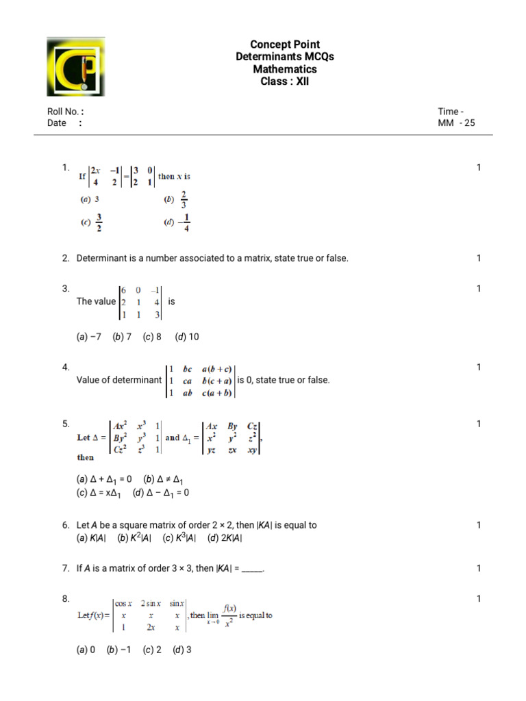 Determinants MCQs | PDF | Matrix (Mathematics) | Determinant