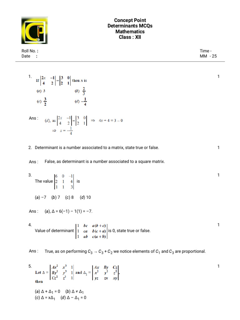Determinants MCQs Answers | PDF | Matrix (Mathematics) | Functions And Mappings