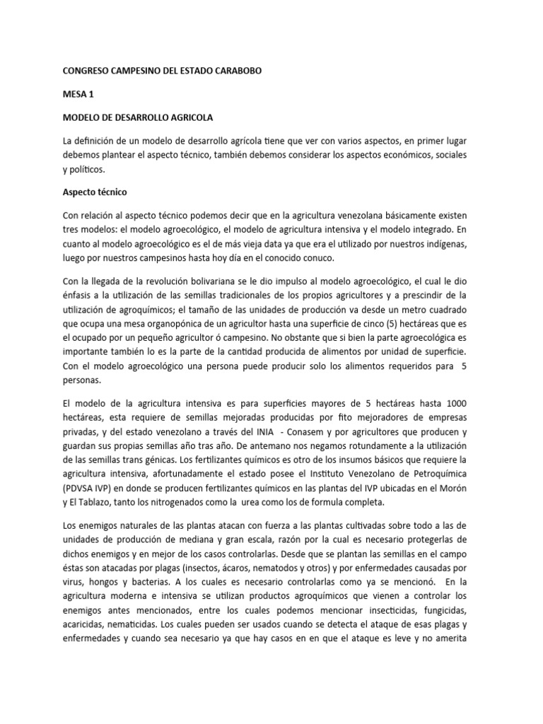 Documento Final Congreso Campesino Mesa 1 | PDF | Agricultura | Plaga (organismo)
