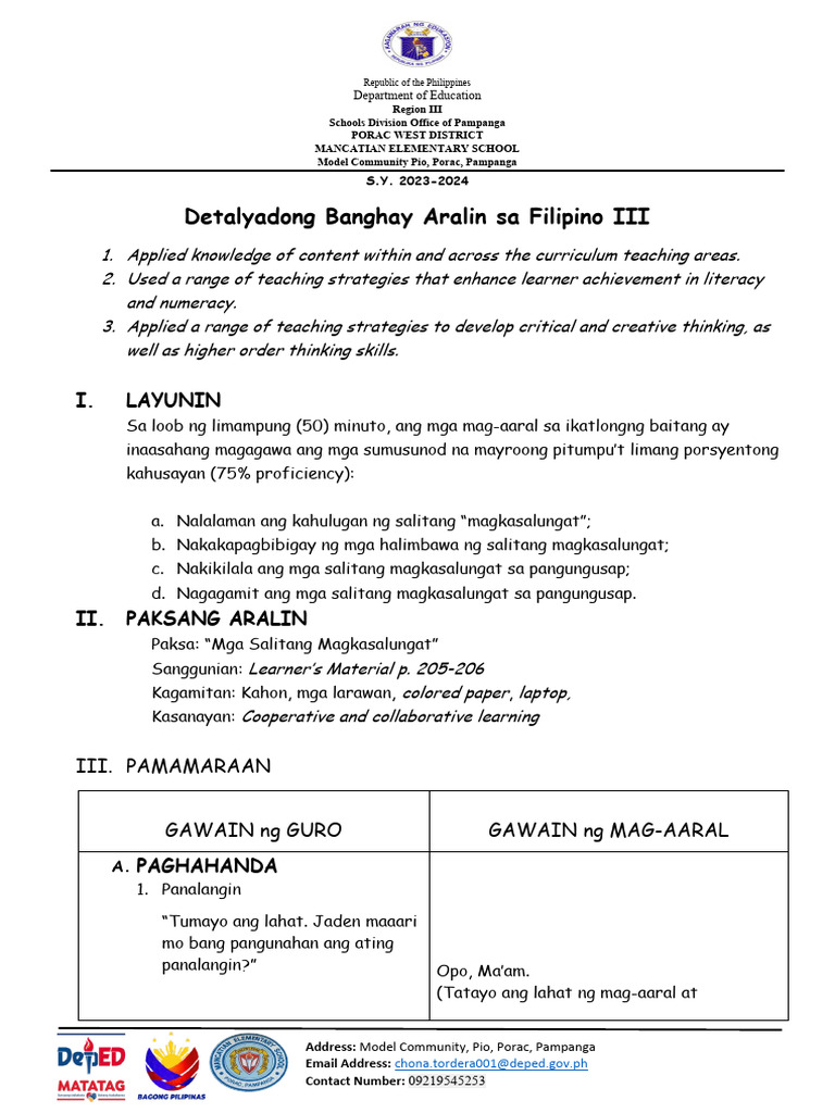 Detalyadong Banghay Aralin Sa Filipino III-COT-Q1 | PDF