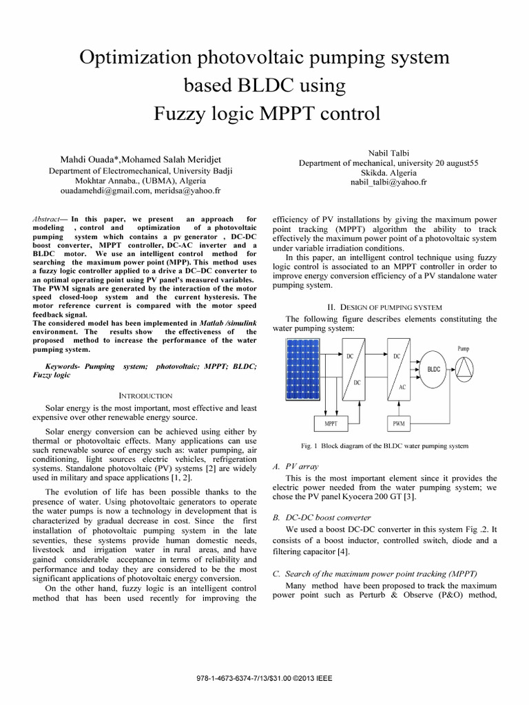 Optimization Photovoltaic Pumping System Based BLDC Using Fuzzy Logic MPPT Control | PDF ...
