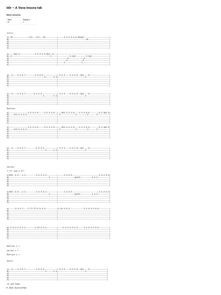 A Vava Inouva Tab With Lyrics by Idir For Guitar at Guitaretab | PDF | Song Structure | Musical ...