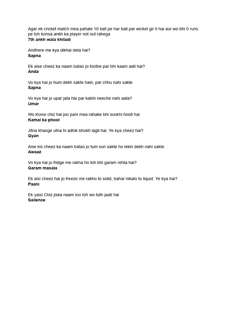 Hindi Riddles and Their Answers | PDF