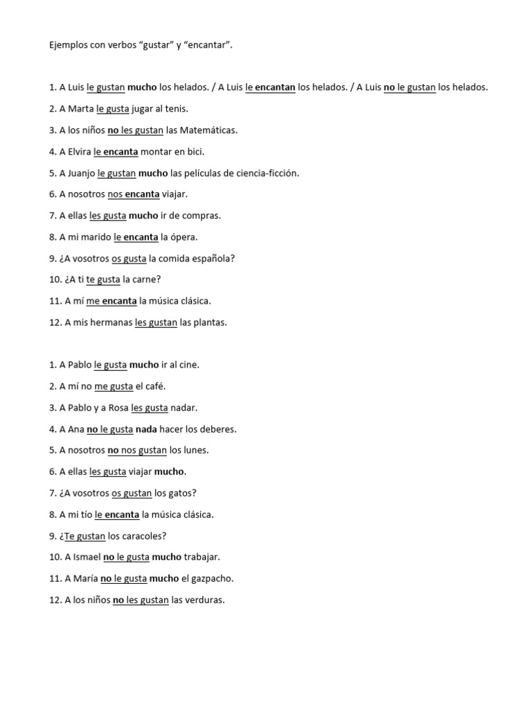 Ejemplos Con Verbos Gustar y Encantar | PDF
