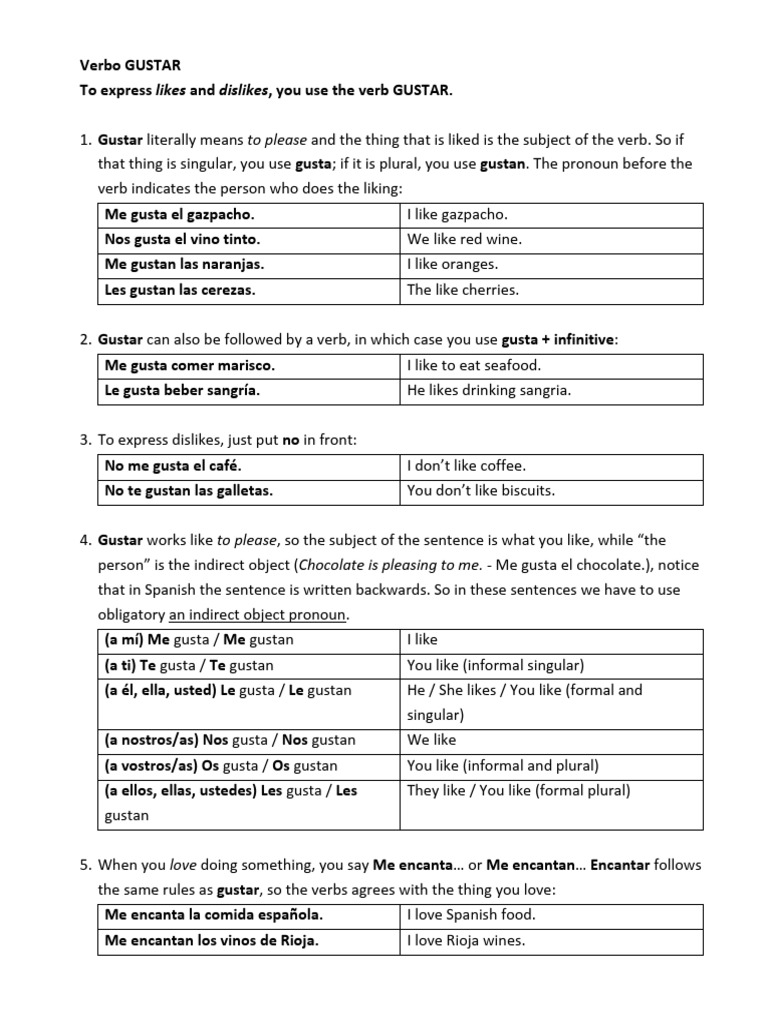 Understanding the Verb "Gustar" | PDF