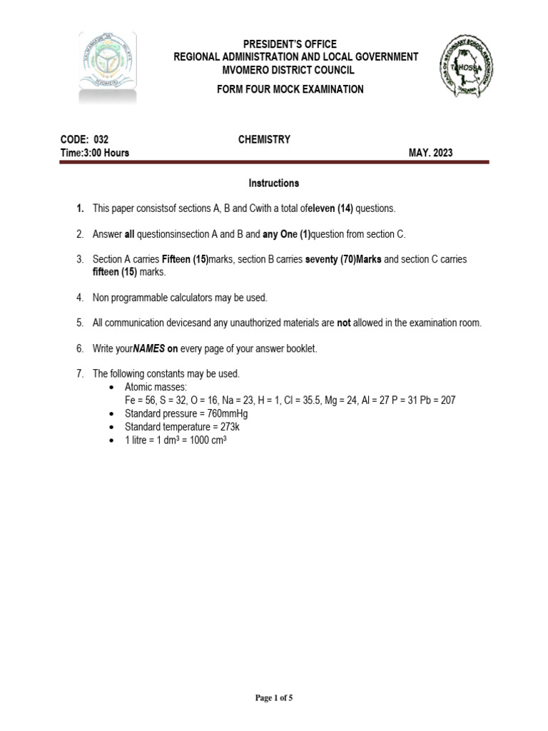 Chemistry - F4 Mock 2023 Mvomero | PDF | Mole (Unit) | Gases