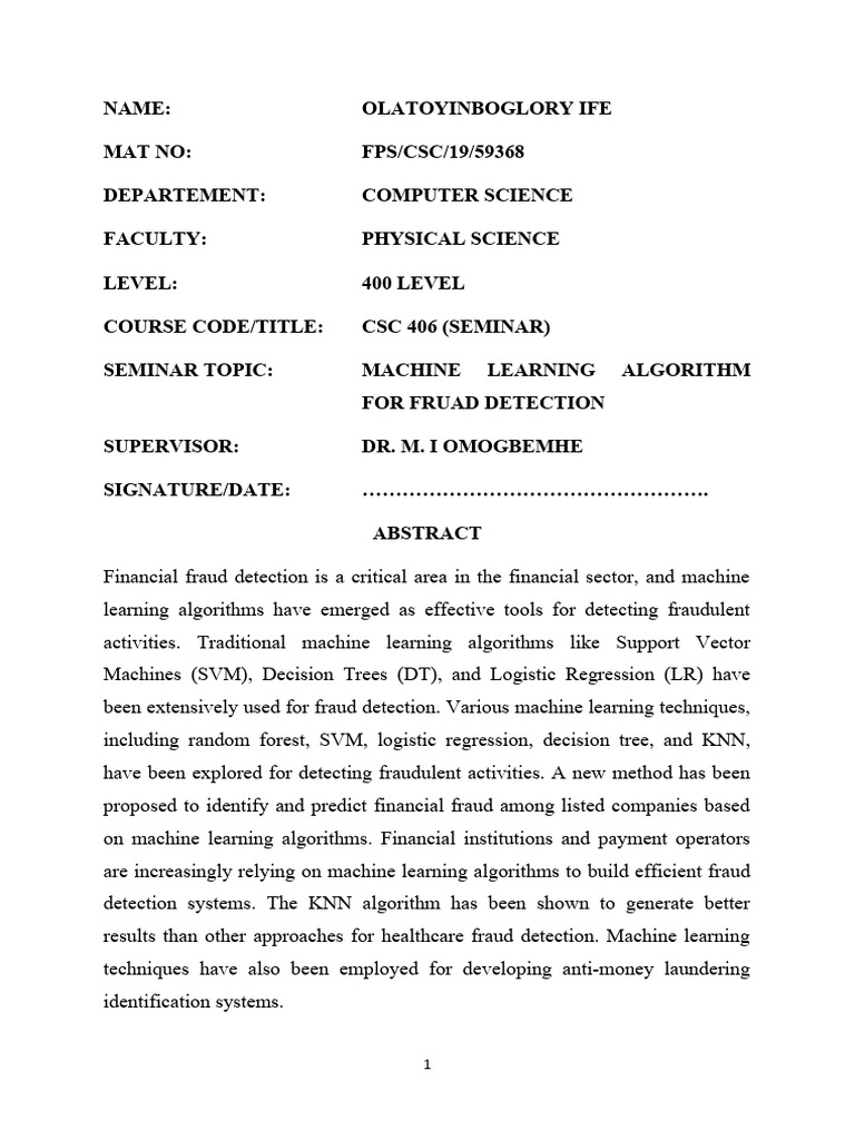 Machine Learning Algorithm for Financial Fruad Detection | PDF ...