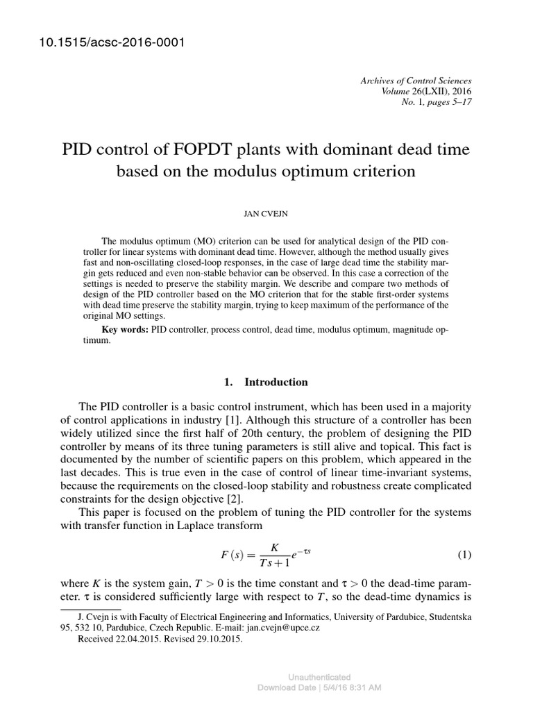 PID Control of FOPDT Plants With Do | PDF | Control Theory | Systems Analysis