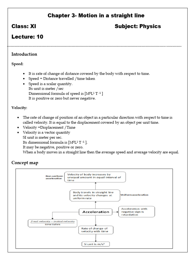 Lecture 10 - XI - Motion in A Stright Line | PDF | Velocity | Acceleration