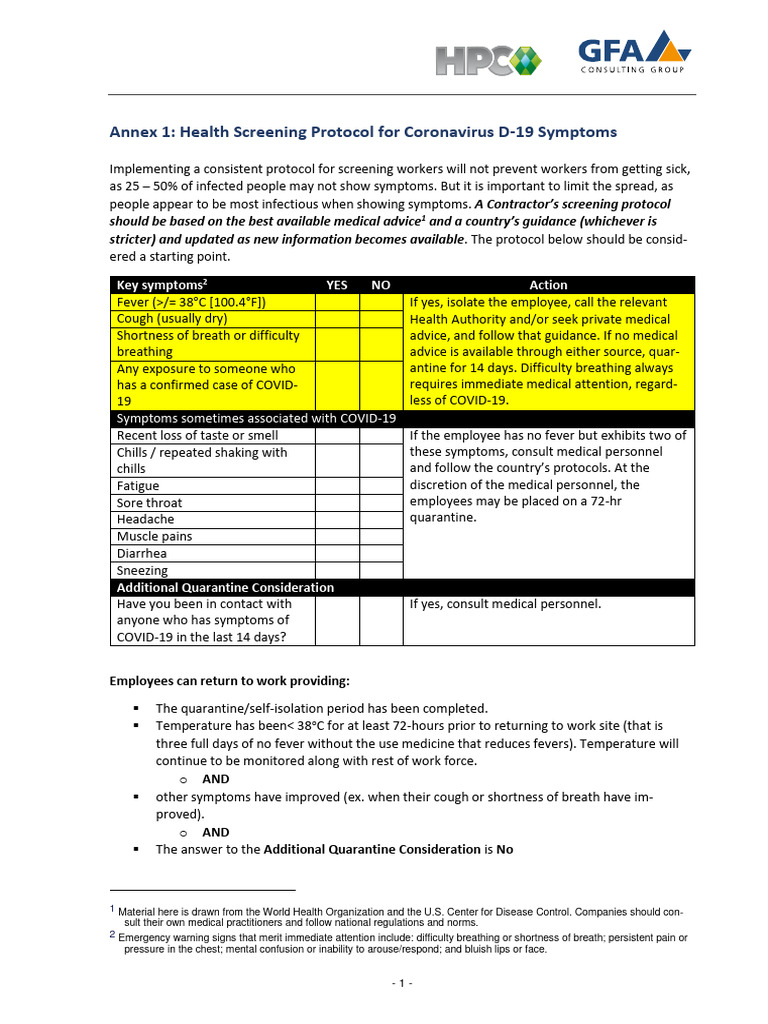 GFA - Annex 1 - Health Screening Protocol For Coronavirus D-19 Symptoms ...