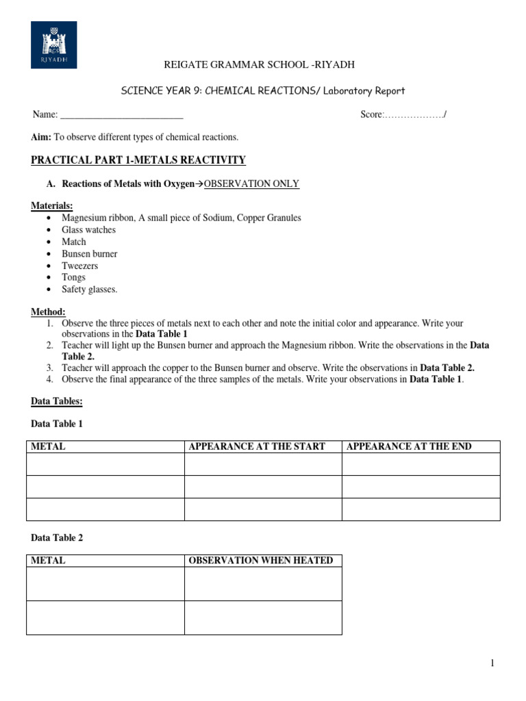 Year 9 Chemical Reactions Lab Report | PDF | Acid | Metals