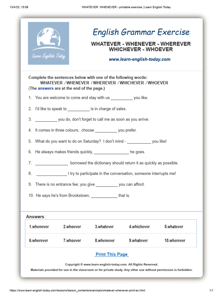 WHATEVER WHENEVER - Printable Exercise - Learn English Today | PDF