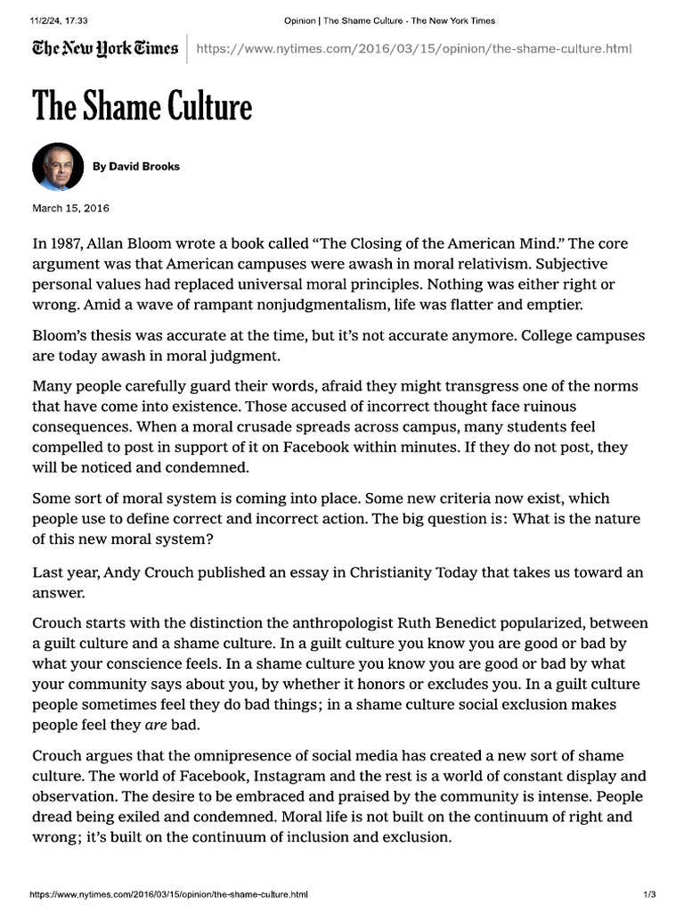 T. SHAME CULTURE, NYTimes | PDF
