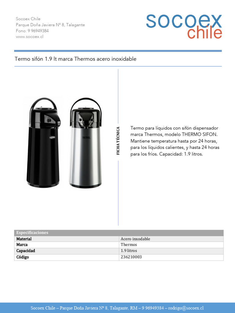 FT - Termo Sifón 1.9 LT Marca Thermos Acero Inoxidable | PDF