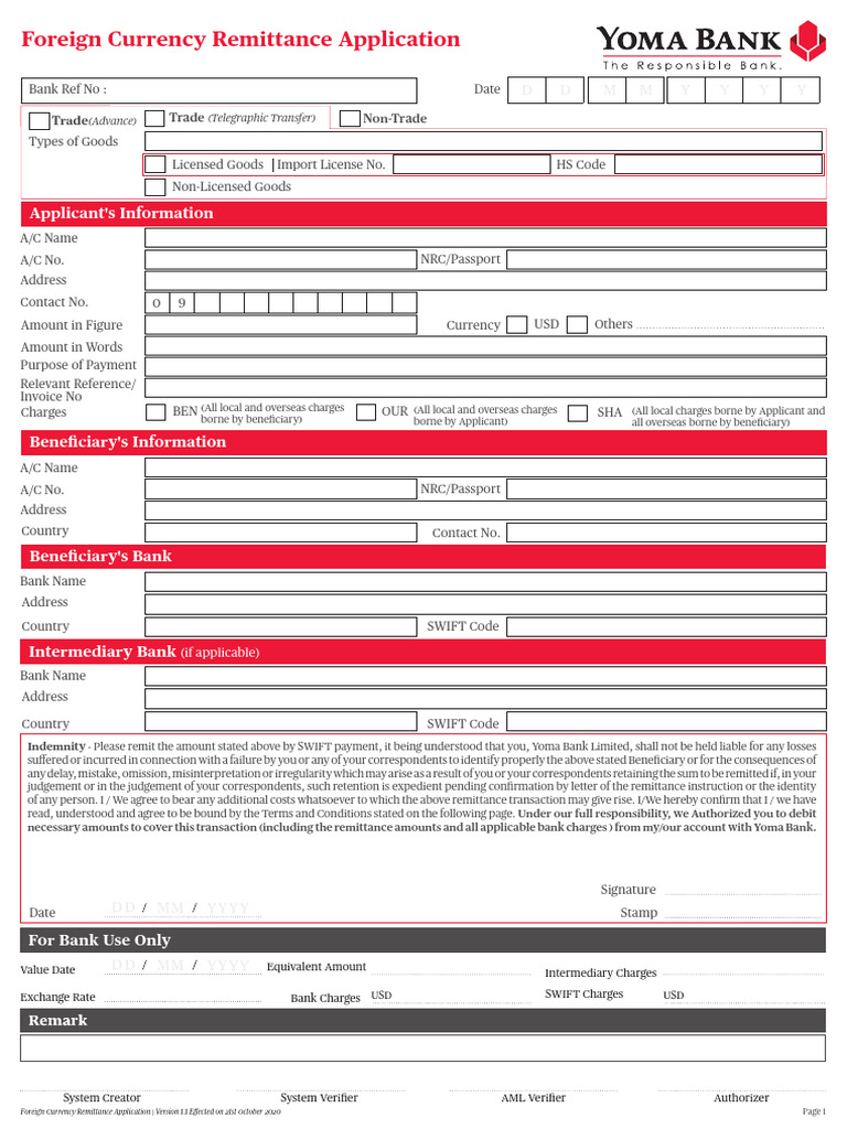 Remittance_Application Form (Fillable) | PDF | Banks | Invoice