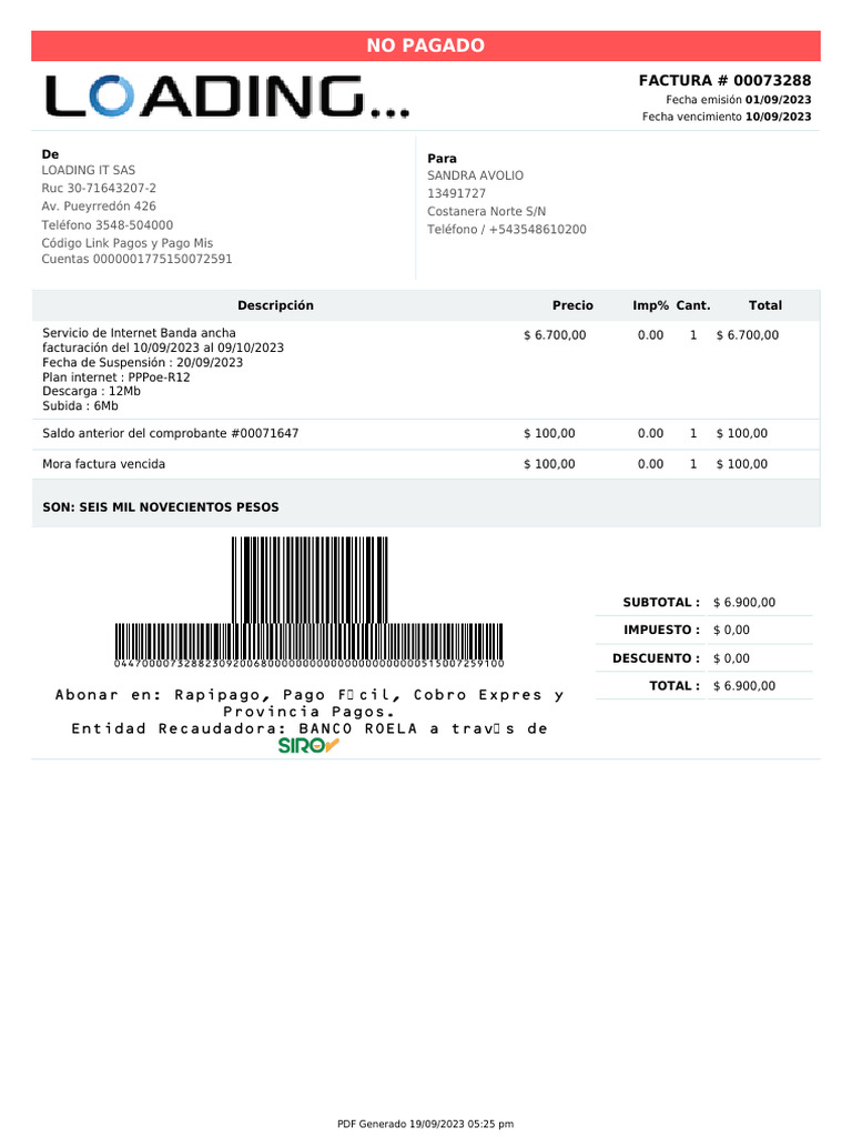 Factura Internet Loading IT SAS Septiembre | PDF | Finanzas y dinero