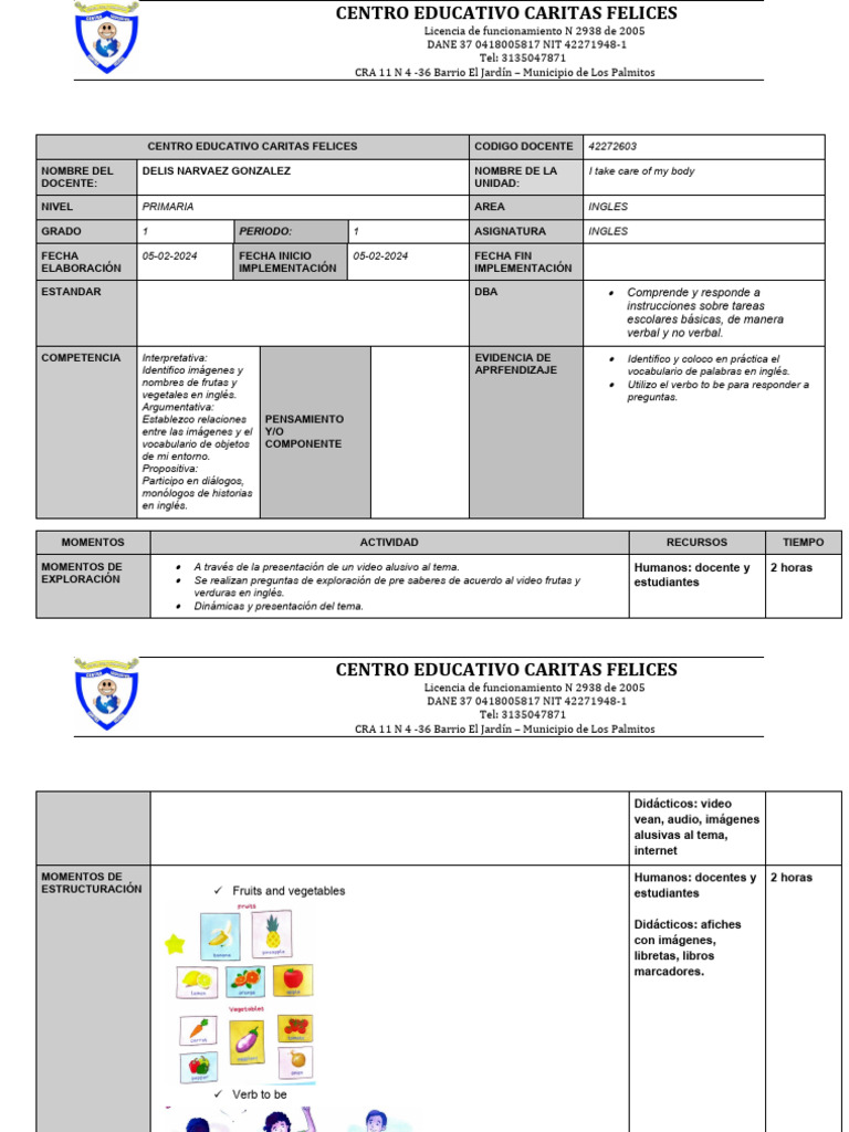 Plan de Clase Ingles Grado 1 2024 | PDF