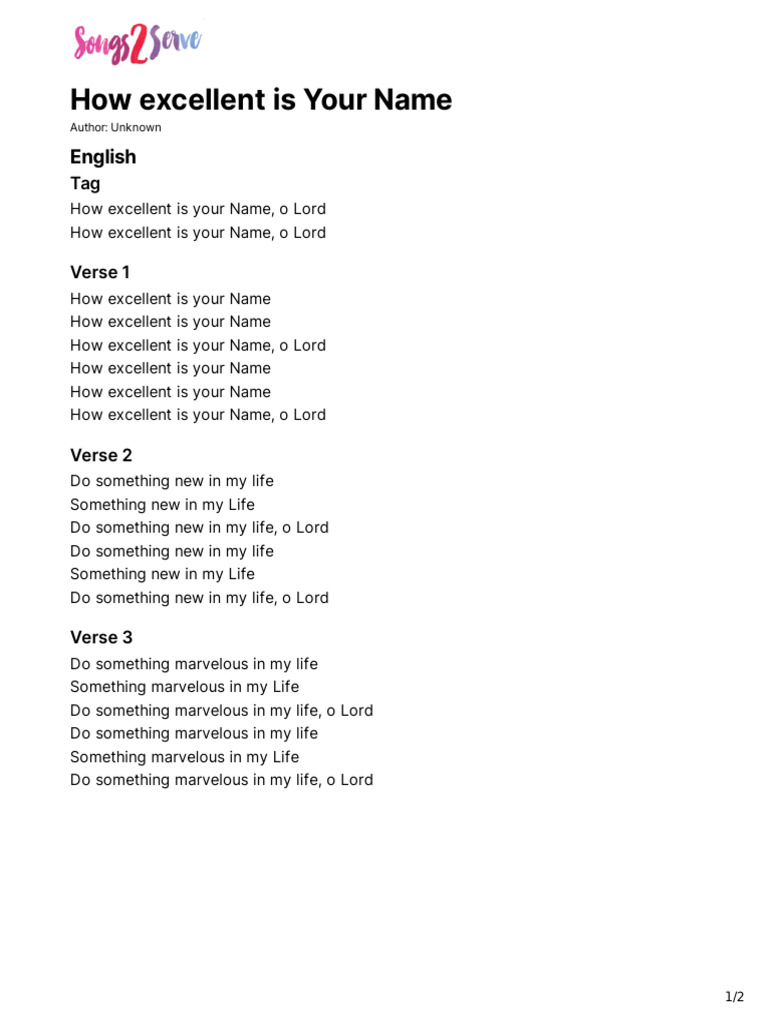 How Excellent Is Your Name Lyrics | PDF