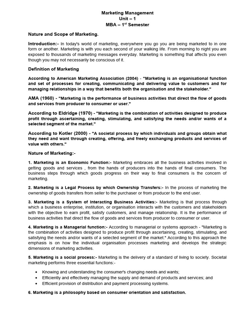 Unit 1 Marketing Management MBA 1st Semester | PDF | Marketing ...