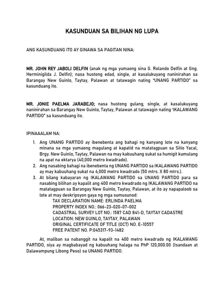 Kasunduan Sa Bilihan NG Lupa 1 | PDF