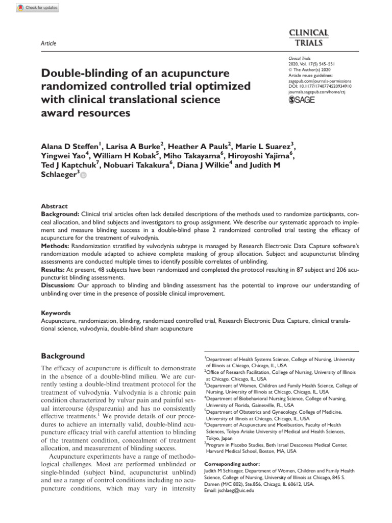 Double-Blinding of An Acupuncture Randomized Controlled Trial Optimized With Clinical ...