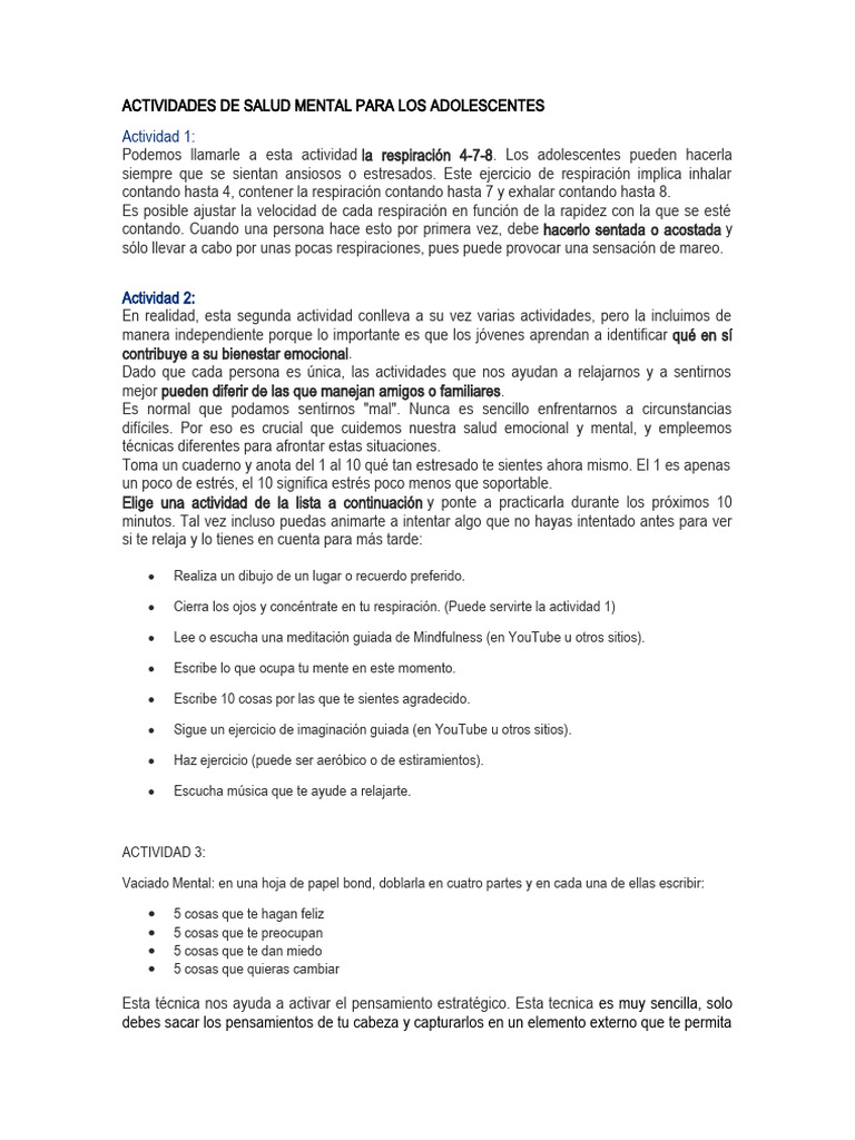 Actividades de Salud Mental para Los Adolescentes | PDF | Estrés ...