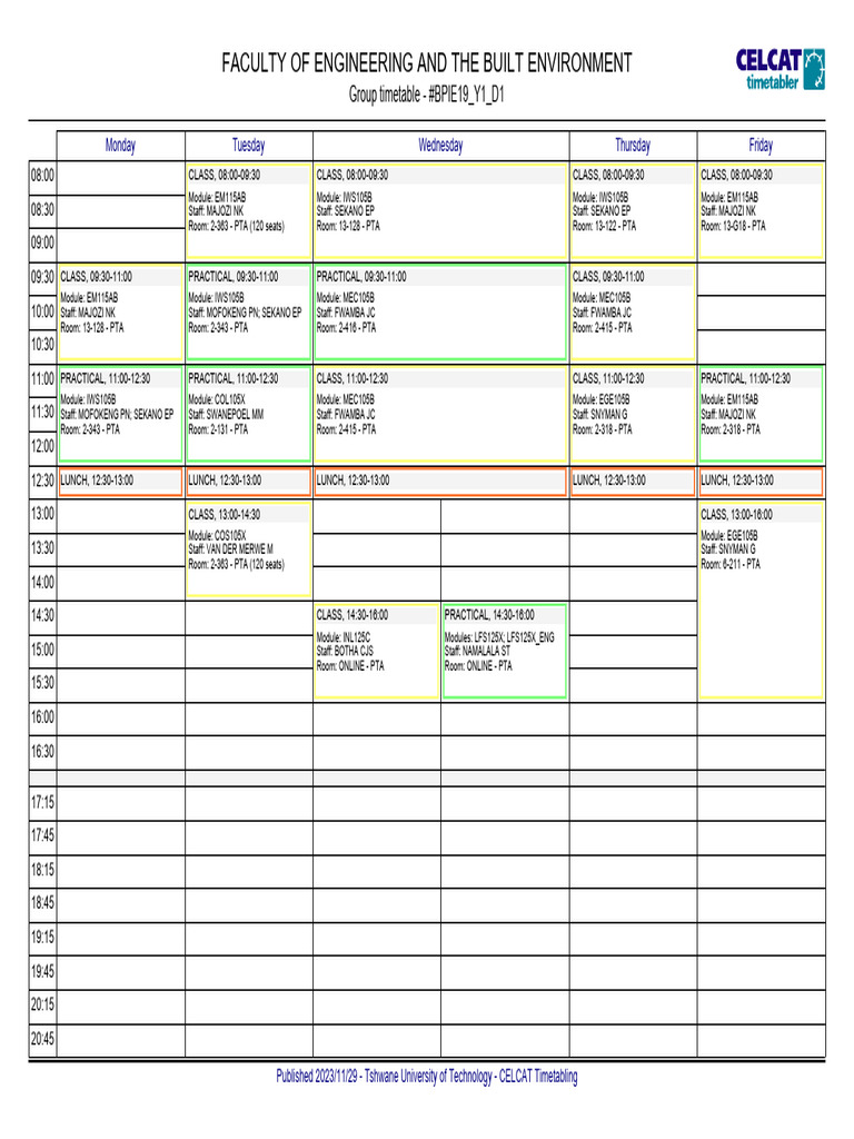 CELCAT Timetable BPIE19 Semester 1 2024 | PDF