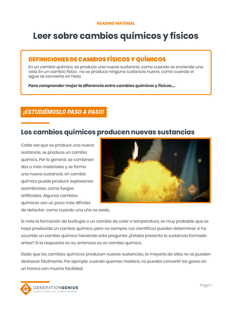 Cambios Quimicos Vs Cambios Fisicos Material de Lectura 3 A 5 Grado ...