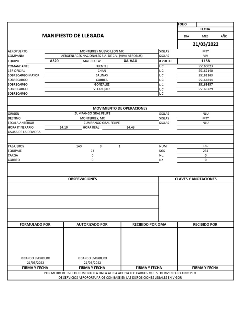 Manifiesto de Llegada: 1138 Xa-Vau A320 | PDF | Desastres de transporte ...