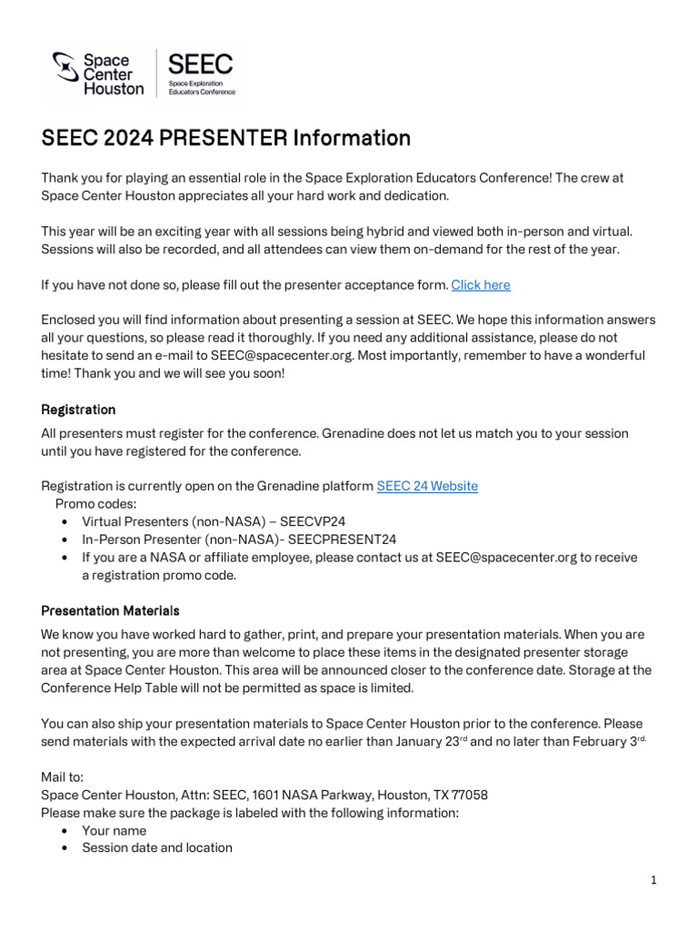 SEEC 2024 Presenter Information | PDF | Computer File | Computing