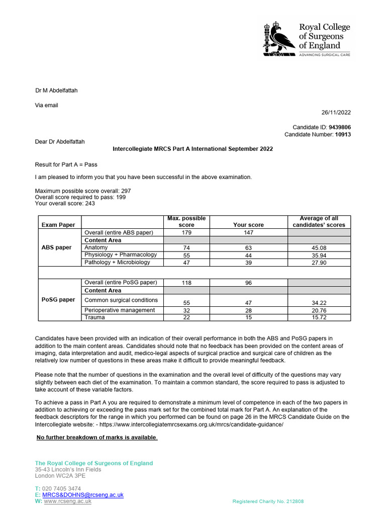 MRCS Part A Result Letter | PDF