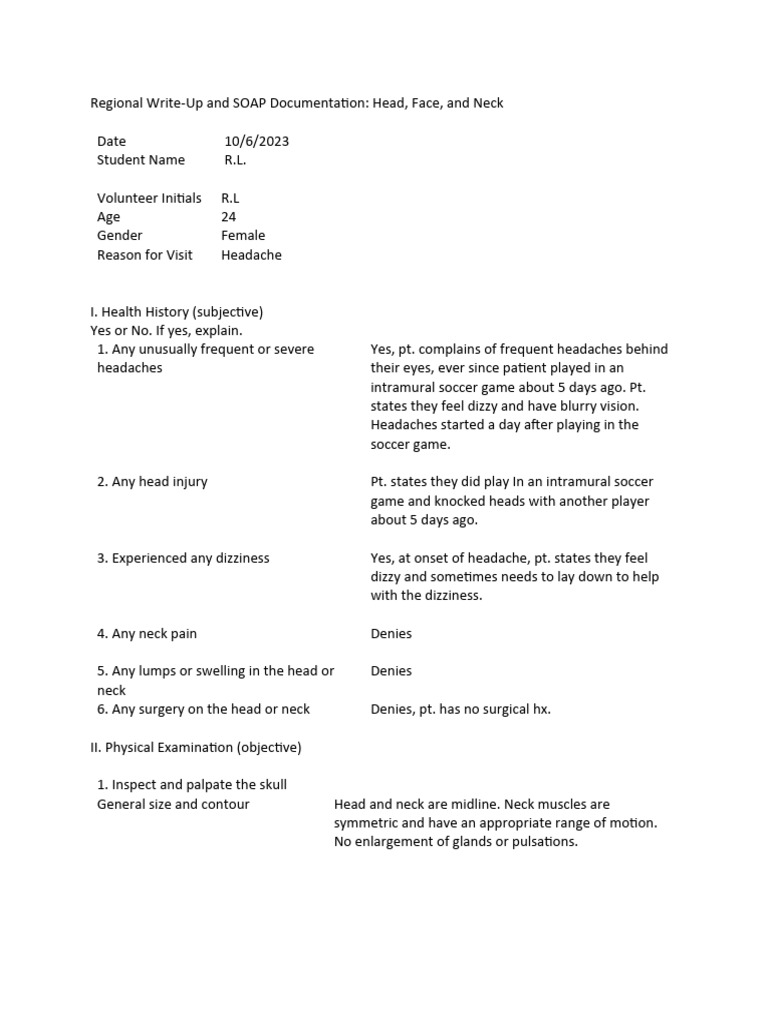 regional write up soap documentation 1 emily deskin | PDF | Neck | Headache