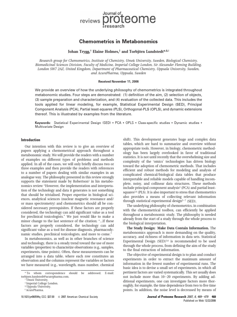 Chemometrics in Metabonomics | PDF | Principal Component Analysis | Metabolomics