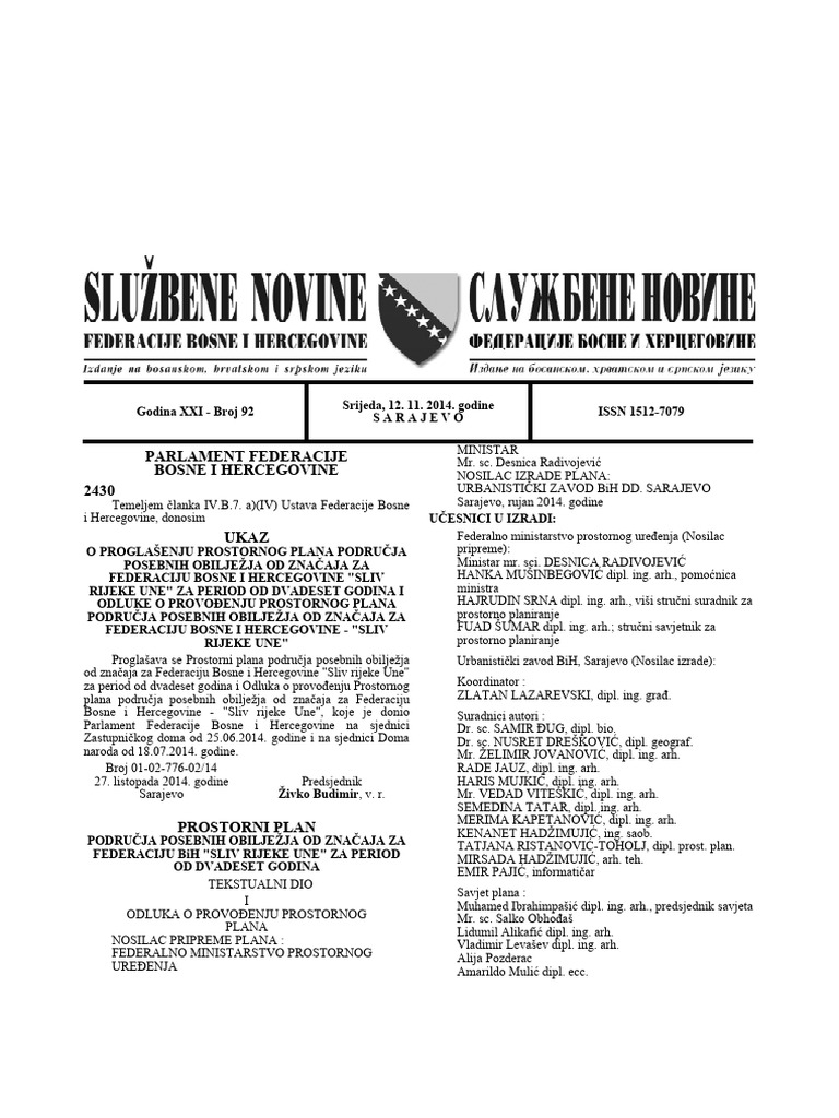 Prostorni Plan - Sliv Rijeke UNE | PDF