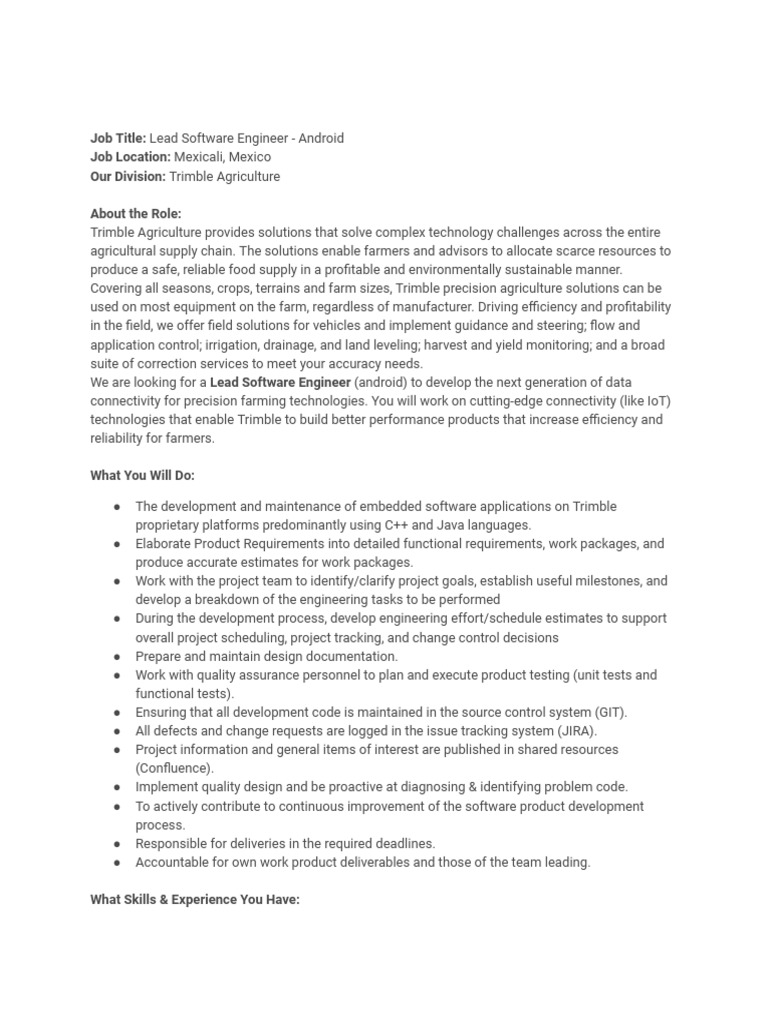 Lead Software Engineer - Android | PDF | Agriculture | Software