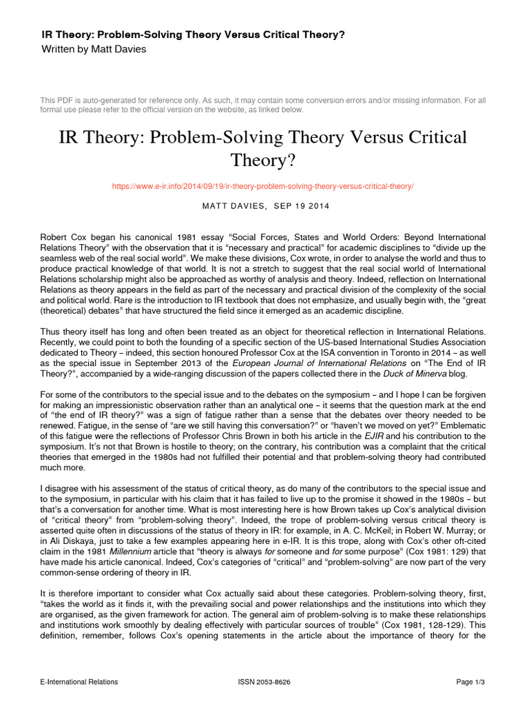 IR Theory Problem Solving Theory Versus Critical Theory | PDF | Theory ...