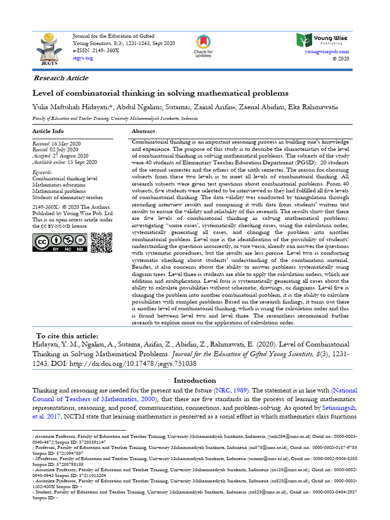 (2020) Level of Combinatorial Thinking in Solving Mathematical Problems | PDF | Thought ...