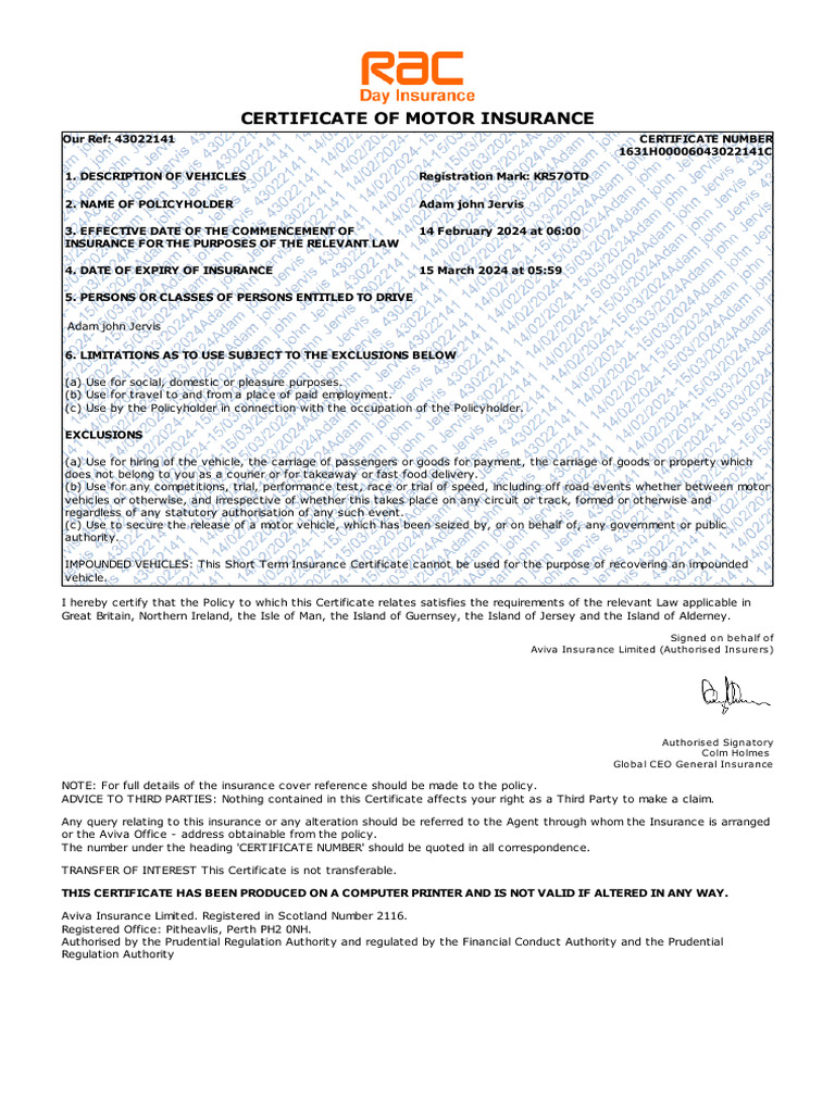Certificate of Motor Insurance: Signedonbehalfof Aviva Insura Nce ...