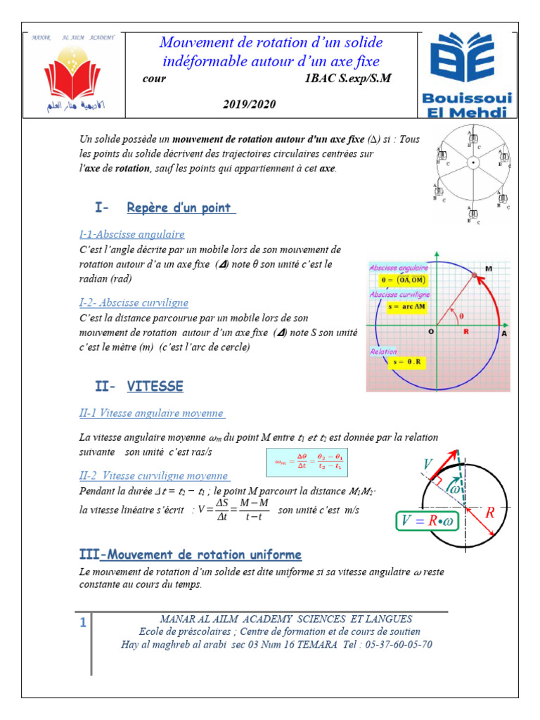 Mouvement de rotation d'un solide 1BAC | PDF | Mouvement de rotation ...