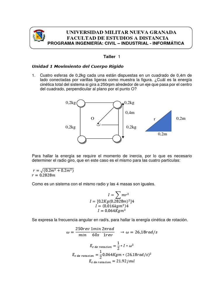Ejercicios Solucionados TALLER 1 Calor y Ondas 2024-1 | PDF | Energía cinética | Rotación