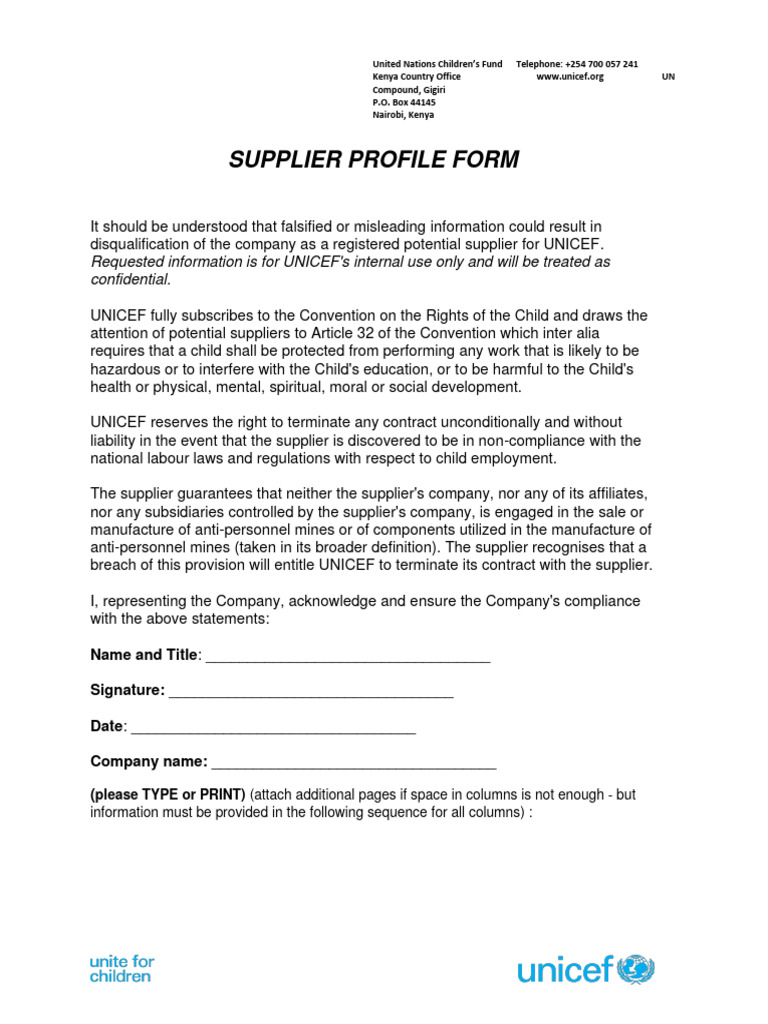 Unicef Supplier Profile Form - Ungm 20.02.23 | PDF | Unicef | Warehouse