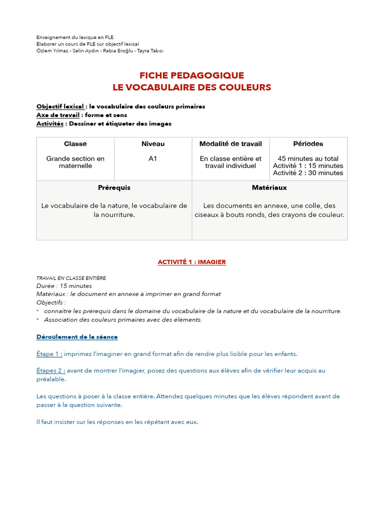 Vocabulaire des Couleurs en Maternelle | PDF | Couleur | Lexique