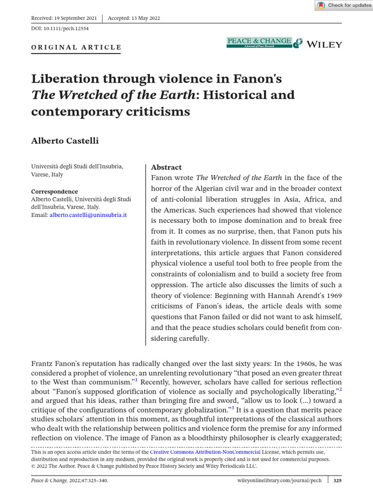 Peace Change - 2022 - Castelli - Liberation Through Violence in Fanon S ...