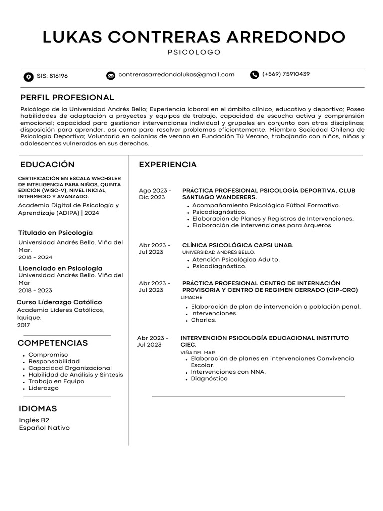 CV Lukas Contreras - 20240209 - 135411 - 0000 | PDF | Sicología | Ciencias del comportamiento