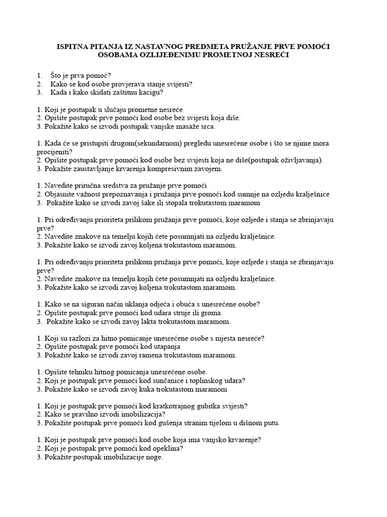 Prva Pomoc - Ispitna Pitanja | PDF